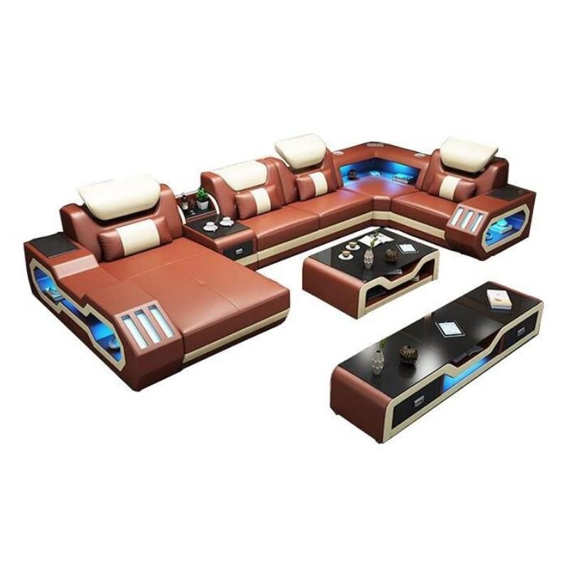 Luxury Italian Leather U-Shaped Sofa with Bluetooth Speaker, USB, LED ...